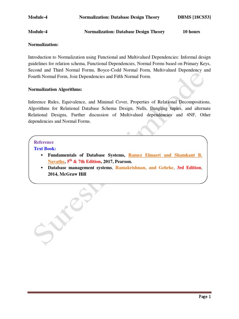 Module 4 Normalization Database Design Theory Dbms 18cs53 Pdf Relational Model Databases 