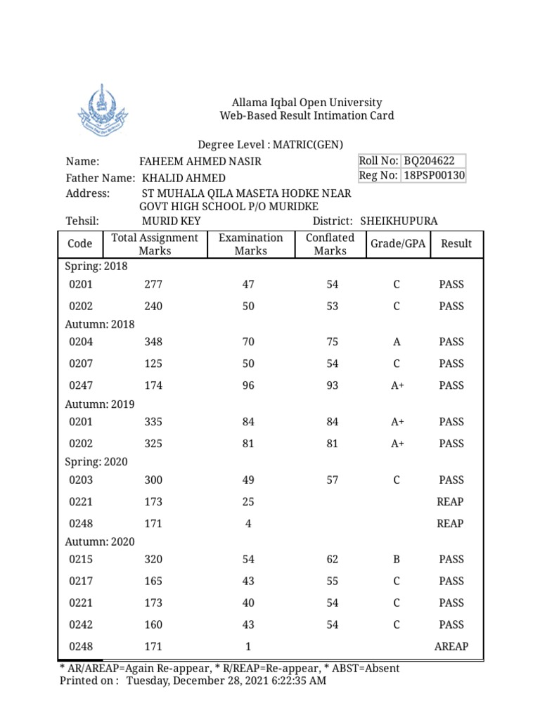 AIOU Online Web-Based Result | PDF