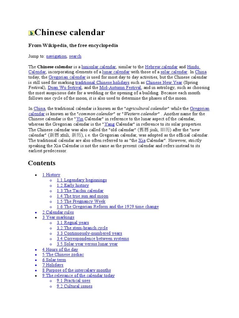Chinese Calendar: From Wikipedia, The Free Encyclopedia | PDF | Astronomy