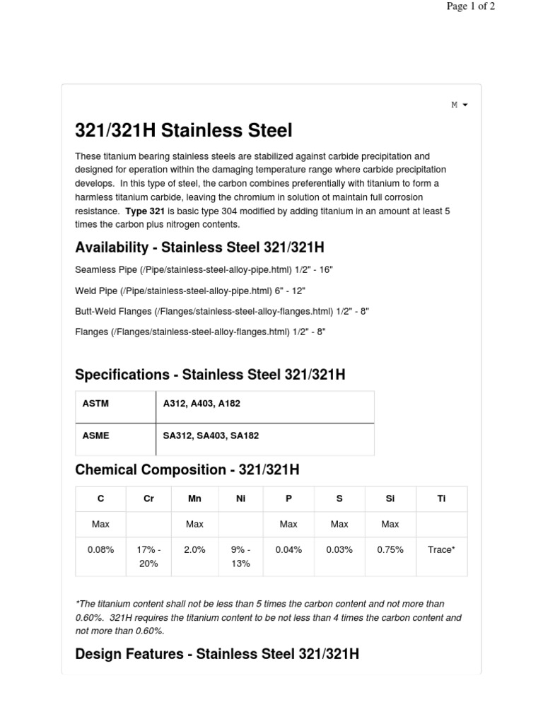 Type 321-321H Stainless Steel | PDF | Stainless Steel | Titanium