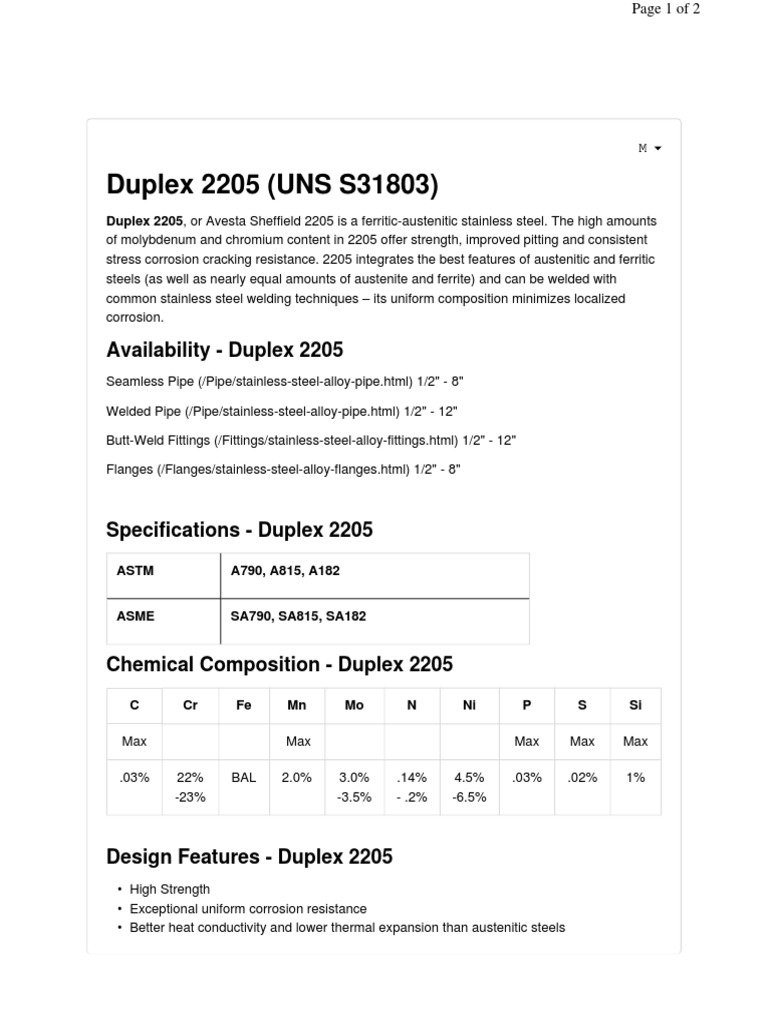 Duplex 2205 Stainless Steel Overview | PDF | Stainless Steel | Pipe ...