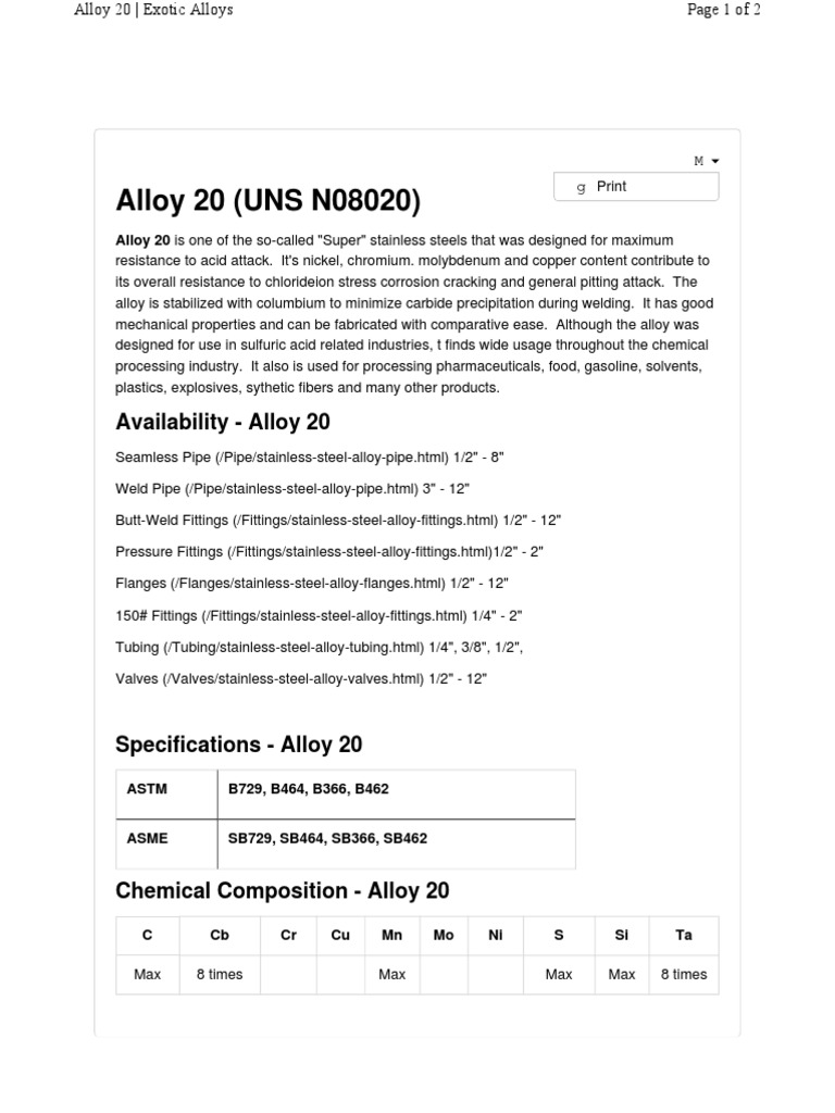 Alloy 20 (UNS N08020) | PDF | Alloy | Pipe (Fluid Conveyance)