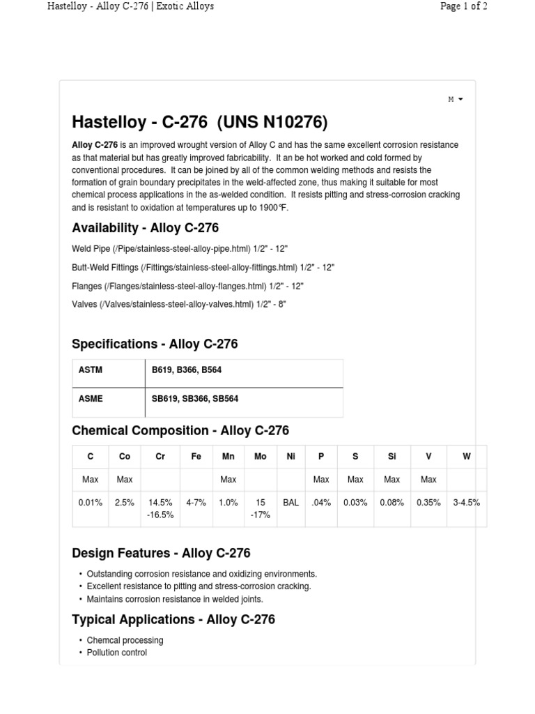 Hastelloy - C-276 (UNS N10276) | PDF