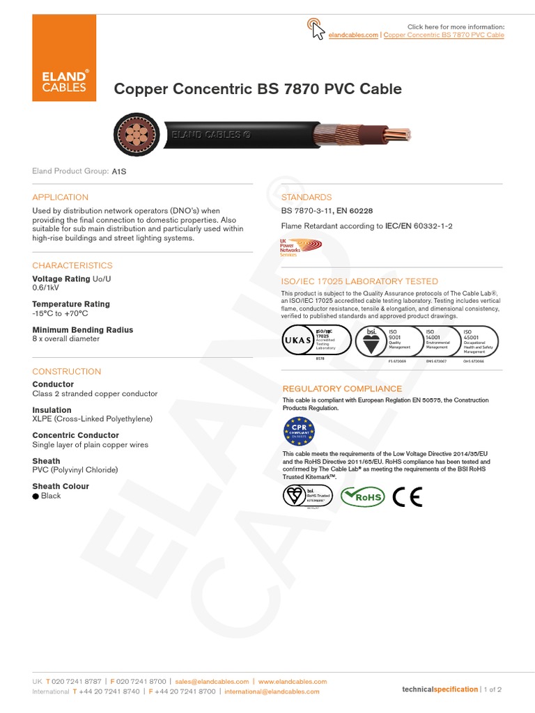 Copper Concentric BS 7870 PVC Cable: Application Standards | PDF ...