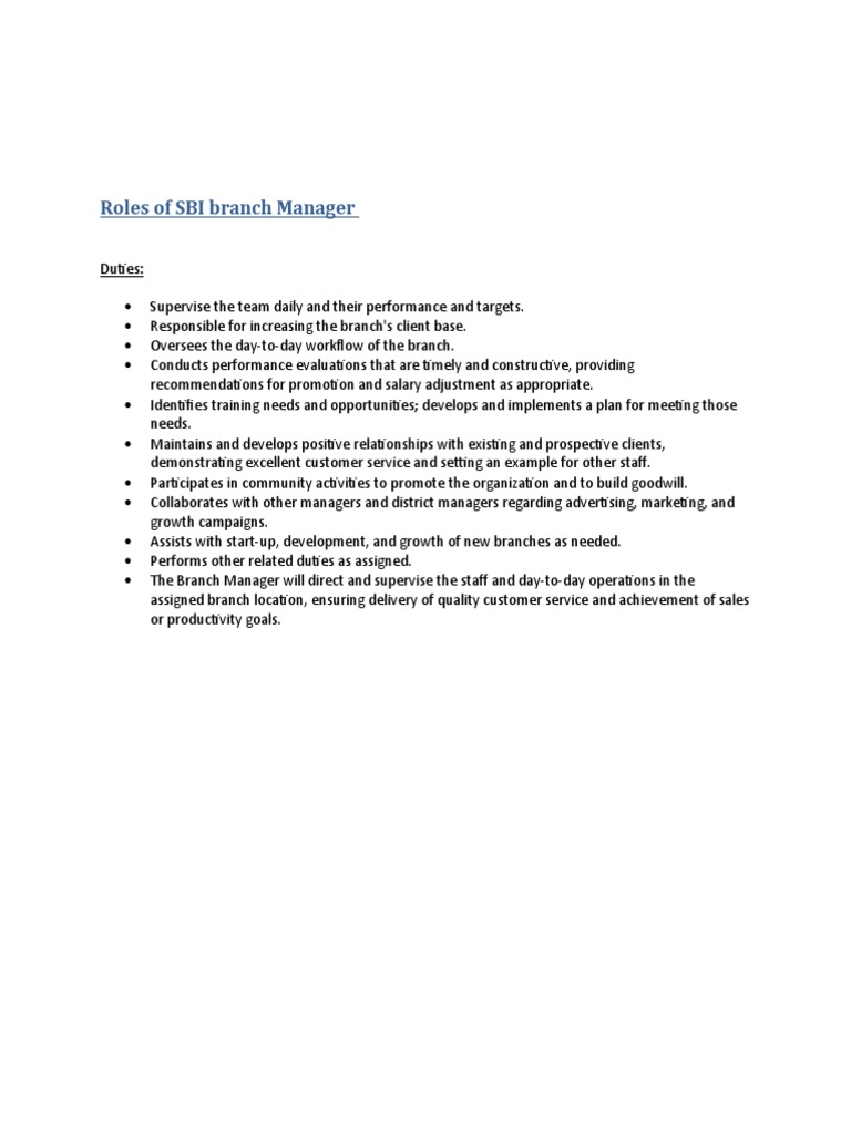 Roles of SBI Branch Manager | PDF | Career & Growth