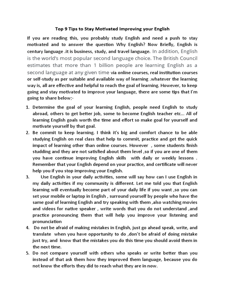Top 9 Tips To Stay Motivated Improving Your English | PDF | Educational ...