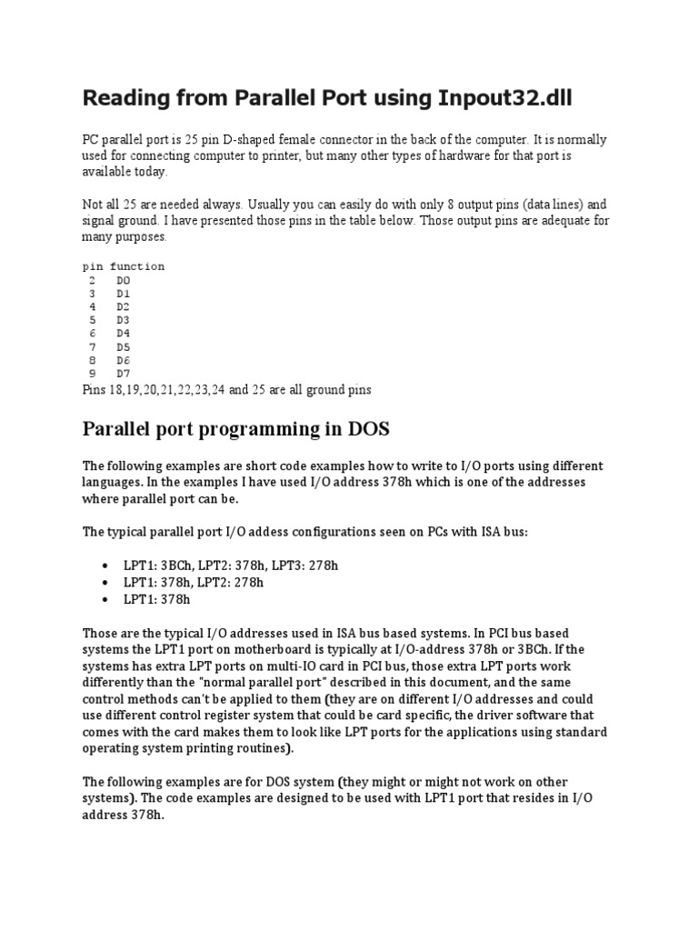 Reading From Parallel Port Using Inpout32.dll | PDF | Input/Output | Integer (Computer Science)