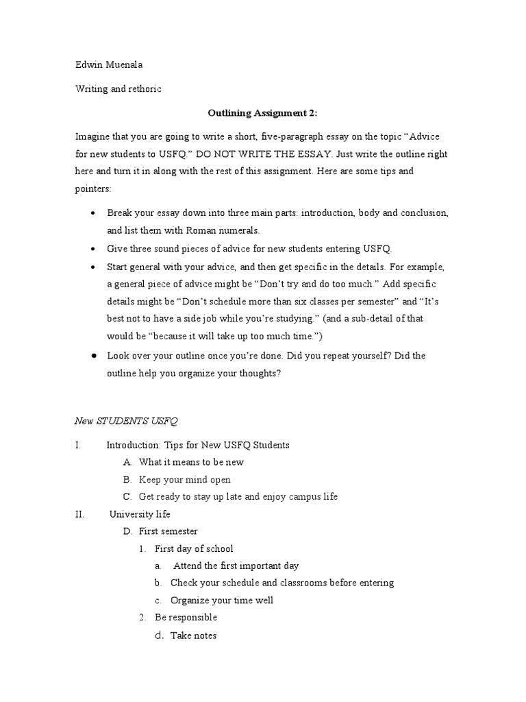 Outlining Assignment 2:: New Students Usfq | PDF | Essays
