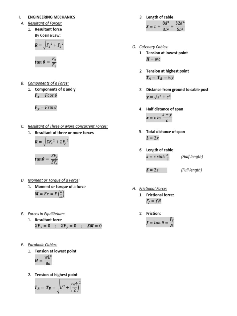 Engineering Mechanics Formulas | PDF | Force | Acceleration