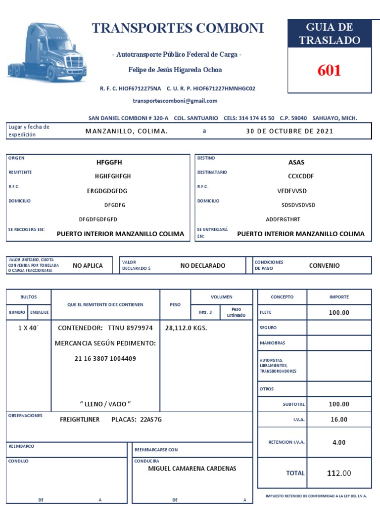 Guía de Traslado de Transportes Comboni | PDF