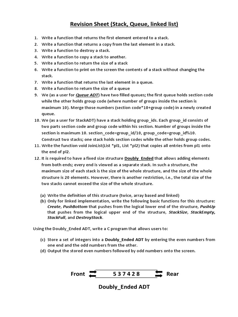 Revision Sheet (Stack, Queue, Linked List) | PDF | Queue (Abstract Data ... Revision Sheet (Stack, Queue, Linked List) | PDF | Queue (Abstract Data ...