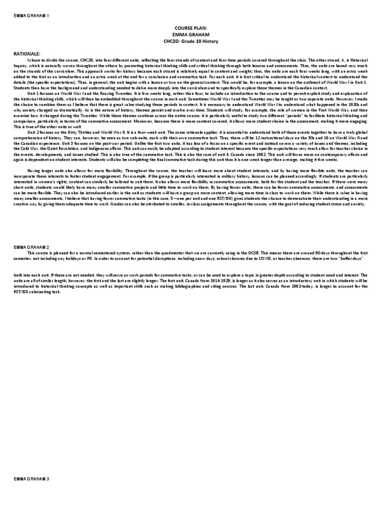 Course Plan: Emma Graham CHC2D: Grade 10 History Rationale | PDF ...