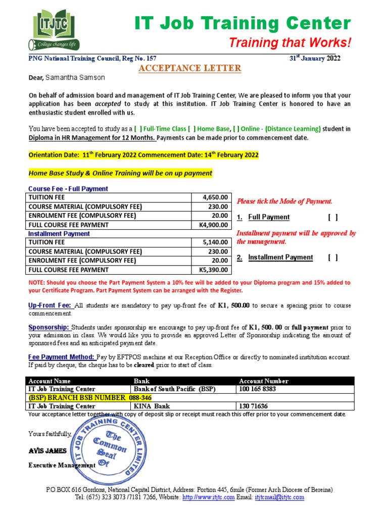 Samantha Samson ACCEPTANCE LETTER | PDF | Payments | Cheque