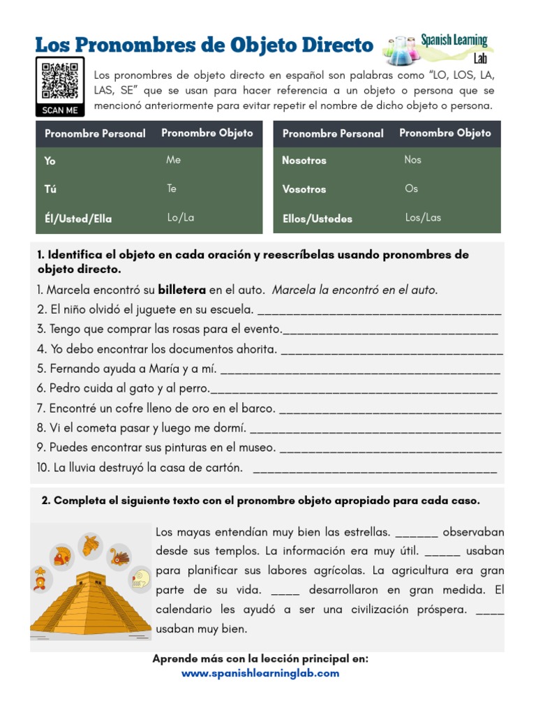 Los Pronombres de Objeto Directo en Español Ejercicios Direct Object Pronouns Spanish Worksheet ...
