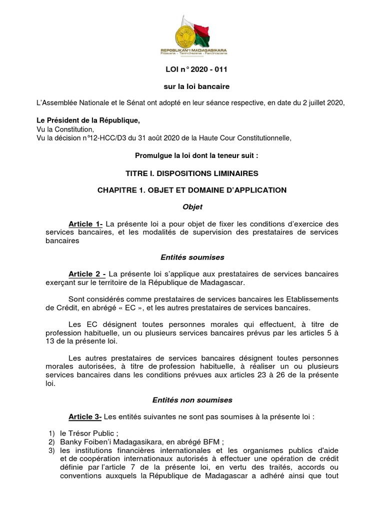 Loi 2020-011 Sur La Loi Bancaire VF | PDF | Banques | Finance et ...