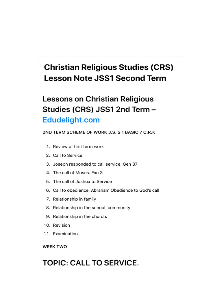 Christian Religious Studies (CRS) Lesson Note JSS1 Second Term | PDF ...