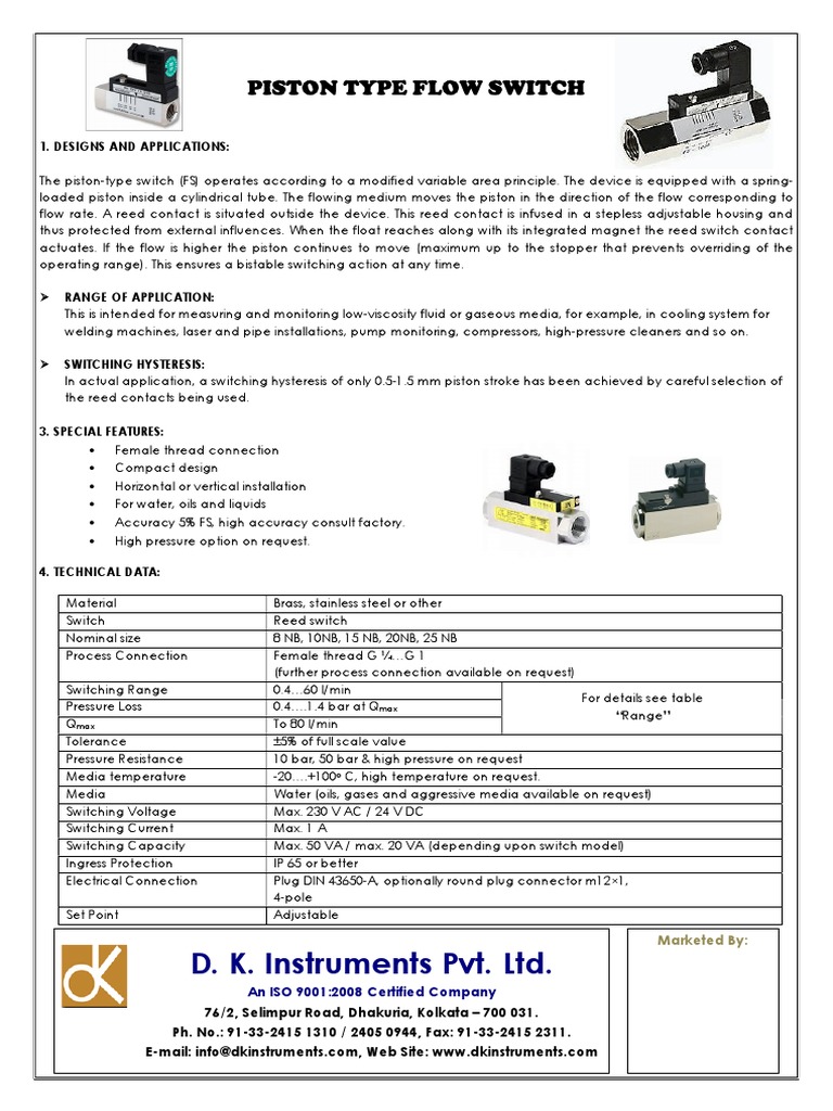 D. K. Instruments Pvt. LTD.: Piston Type Flow Switch | PDF | Switch ...