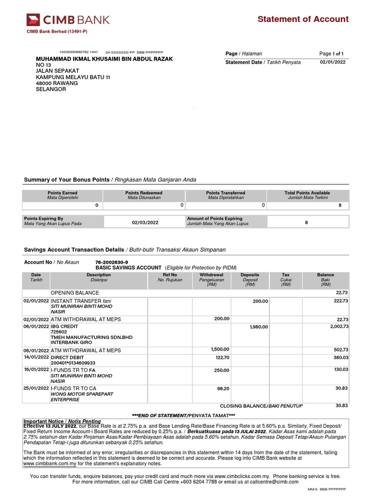 CIMB Bank statement bonus points summary | PDF | Banks | Debit Card