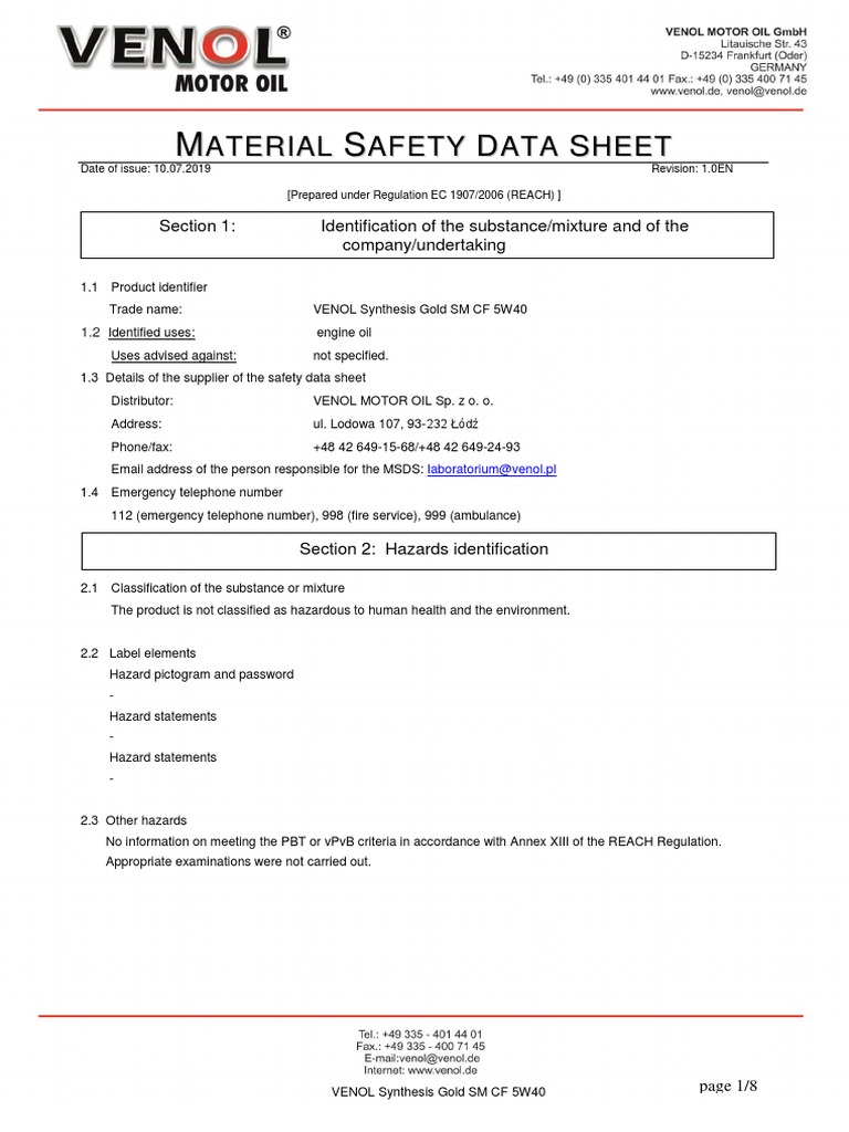 VENOL Synthesis Gold SM CF 5W40 Safety Data | PDF | Firefighting ...
