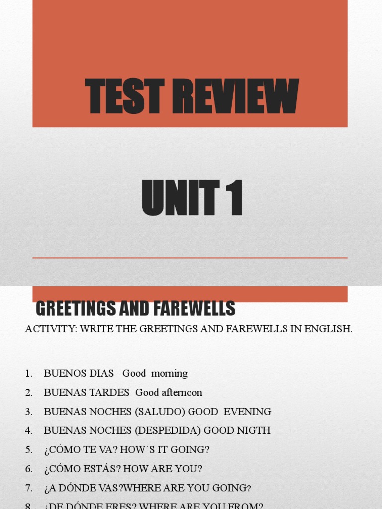 Unit 1 Test Review: Greetings & Basics | PDF | Language Arts & Discipline