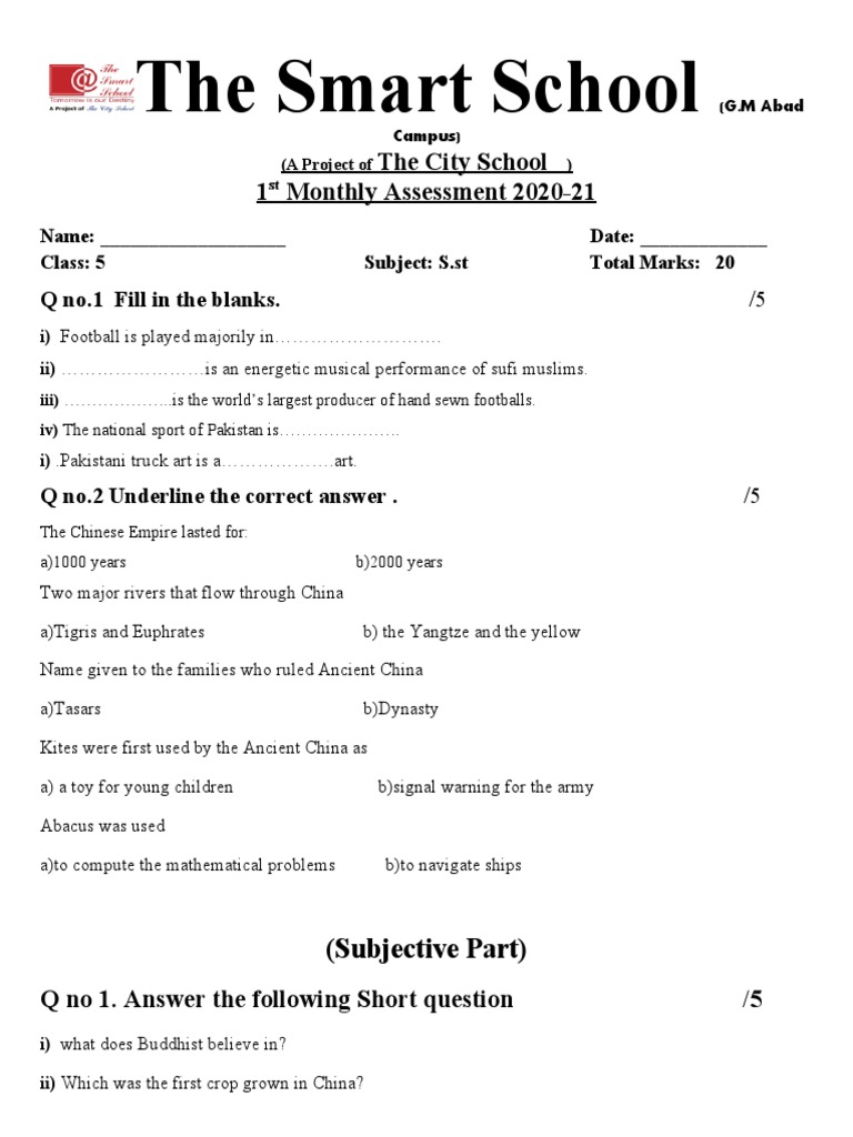Class 5 Social Studies Monthly Assessment | PDF