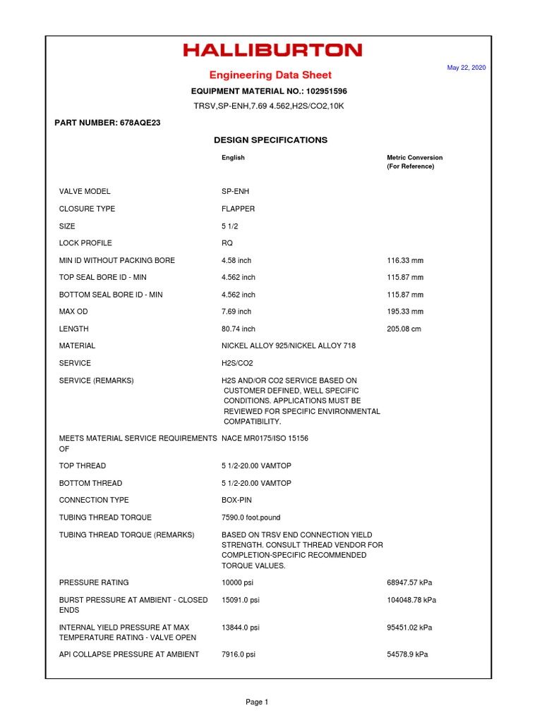 TRSV SP-ENH 5.5 20 Vamtop - 4.562in Sealbore MN 102951596 | PDF ...