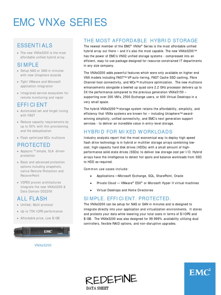 Emc Vnxe3200 Hybrid Storage Datasheet | PDF | Solid State Drive | V Mware