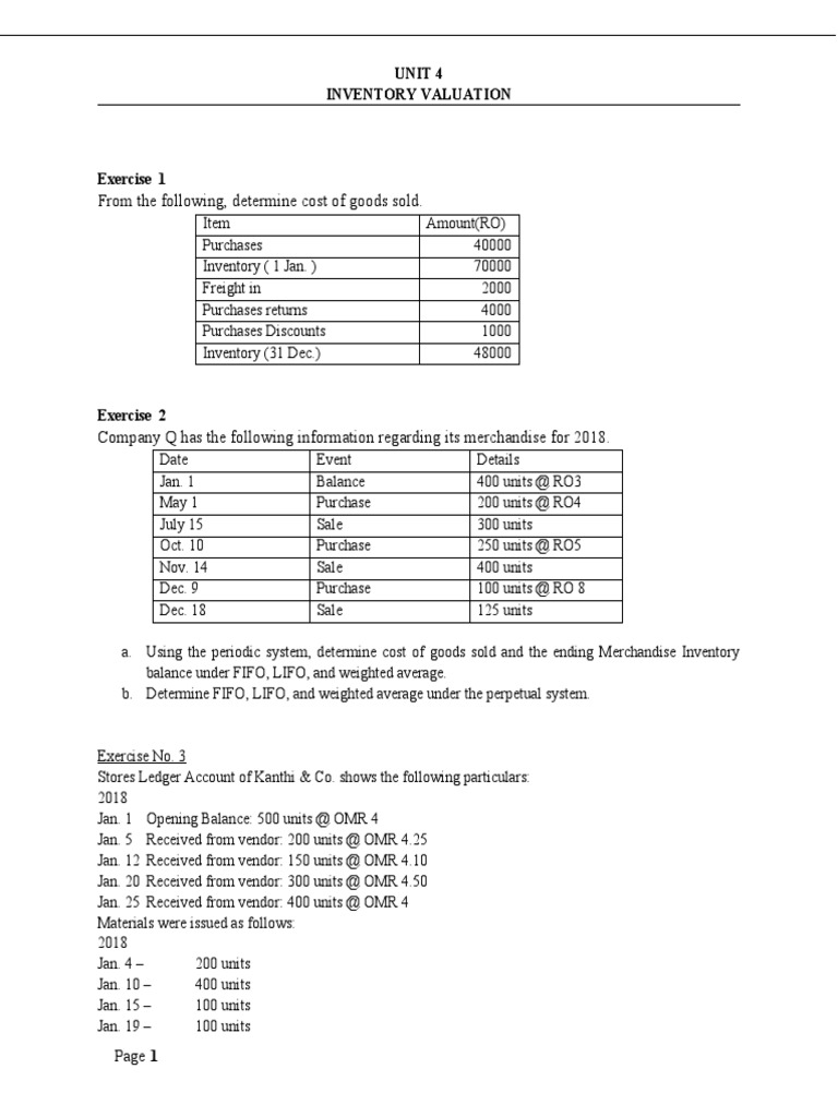Exercises For Unit 4 Inventory Valuation | PDF | Inventory | Market ...