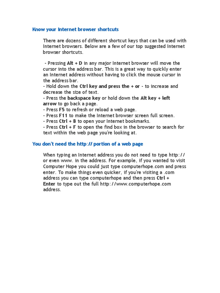 Know Your Internet Browser Shortcuts | PDF