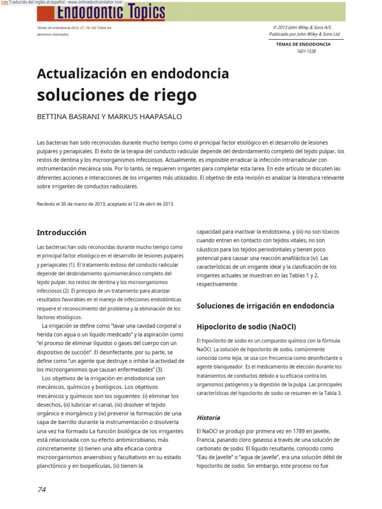 Update On Endodontic Irrigating Solutions - En.es | PDF | Hueso | Cloro