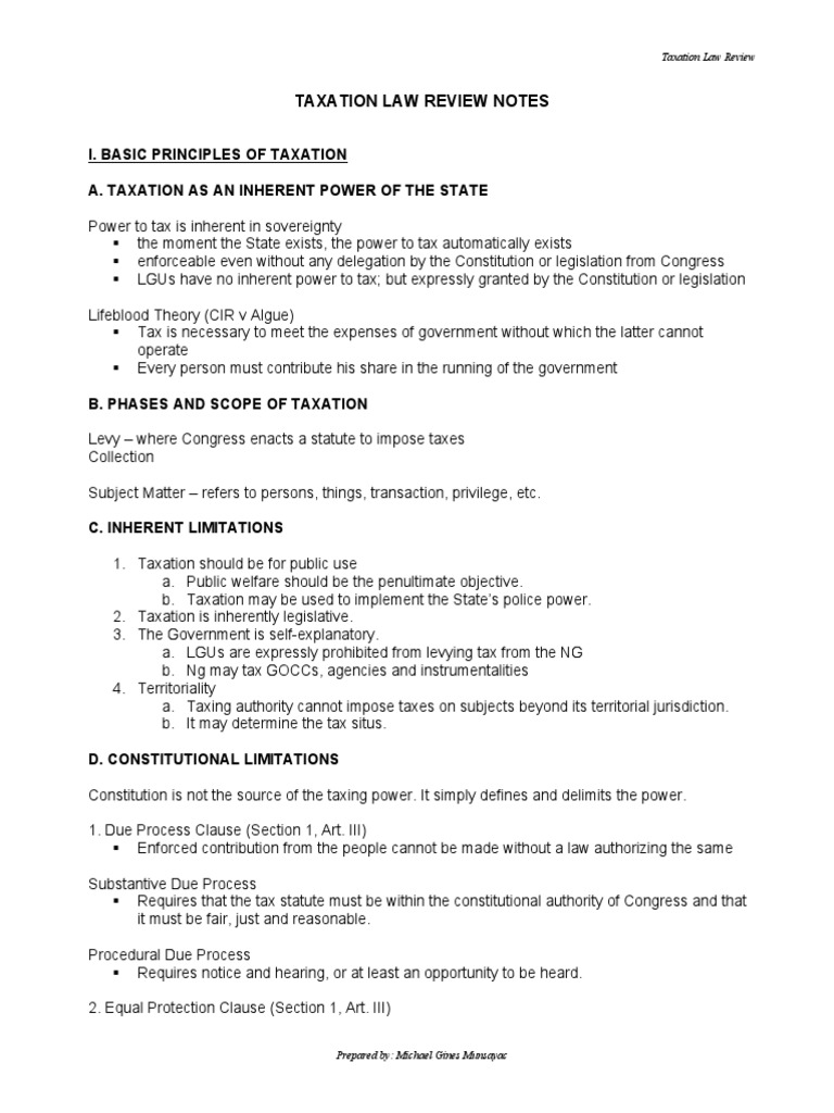 Taxation Law Review Notes: I. Basic Principles of Taxation A. Taxation ...