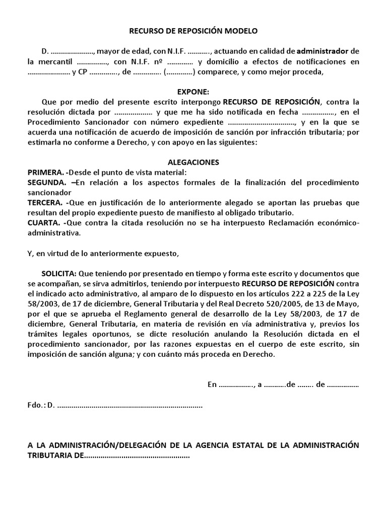 Modelo De Recurso Potestativo De Reposición Pdf Finanzas Y Dinero