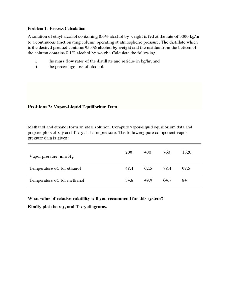 Distillation Exercises - Set 1 | PDF | Distillation | Ethanol