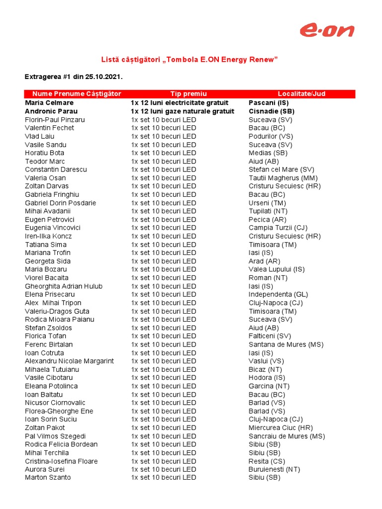 Lista Castigatori Tombola E.on - 21 | PDF | Romania
