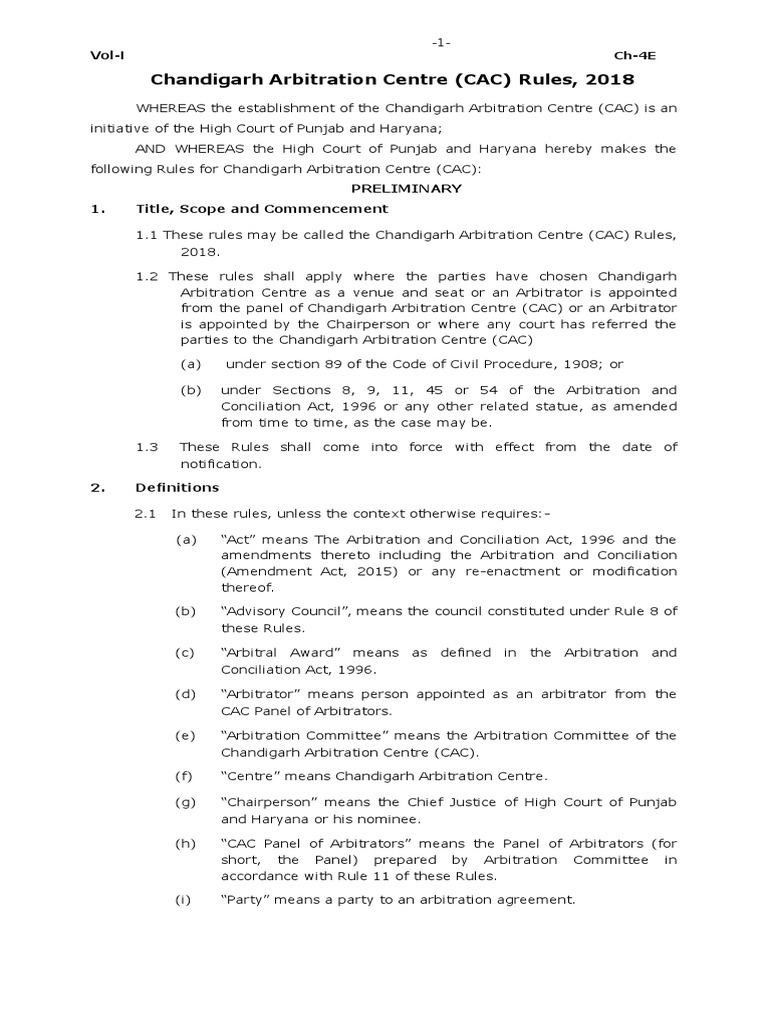 Chandigarh Arb Centre Rules | PDF | Arbitral Tribunal | Arbitration