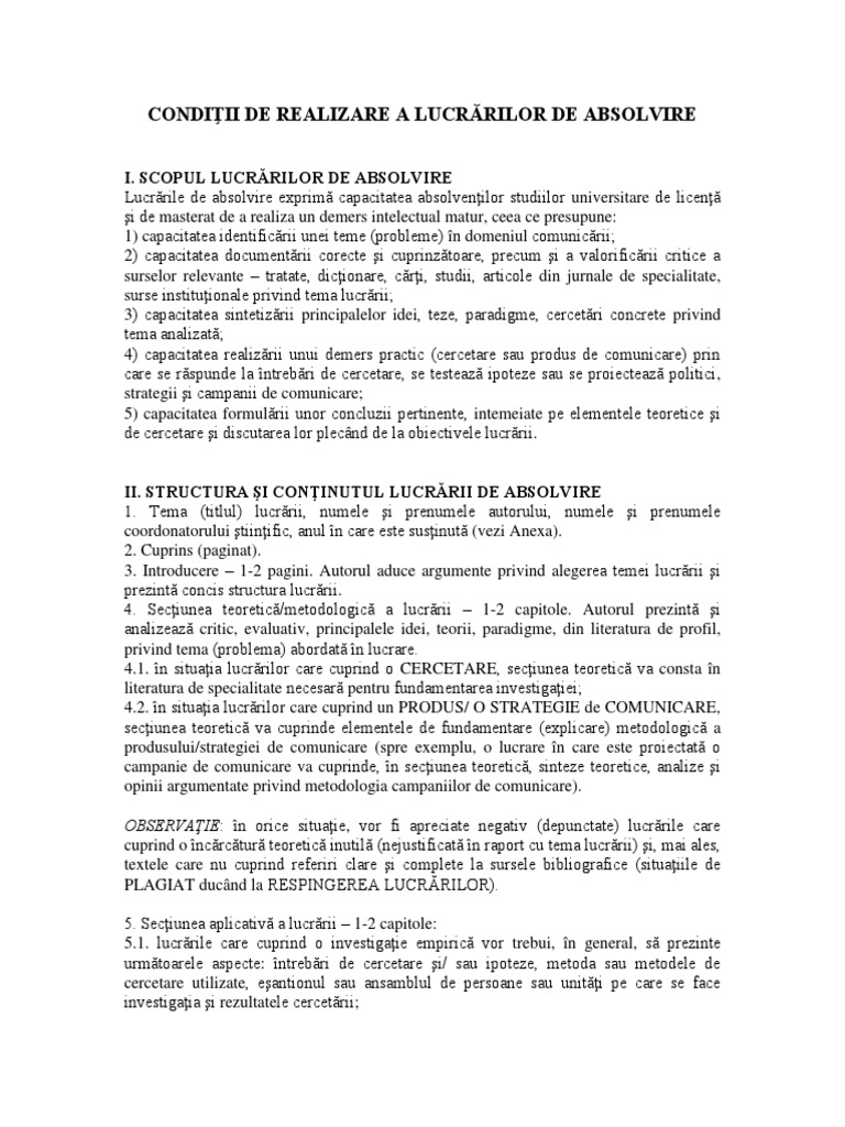Conditii de Realizare A Lucrarilor de Absolvire | PDF