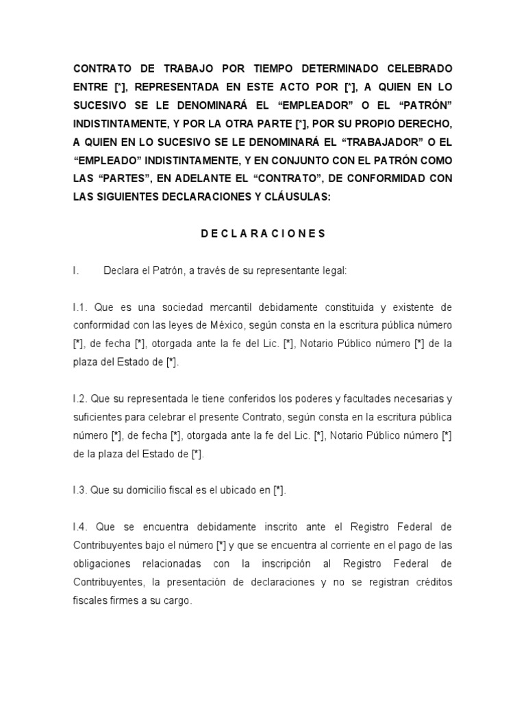 Machote de Contrato Individual de Trabajo Por Tiempo Determinado | PDF ...