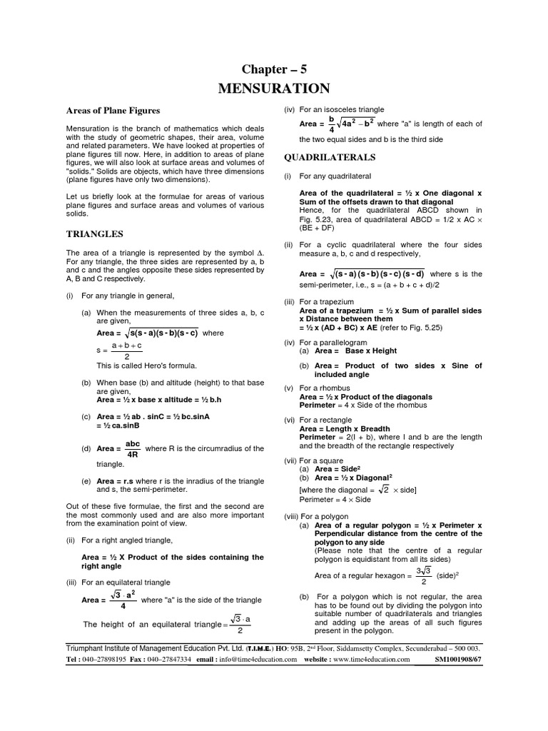Mensuration: Chapter - 5 | PDF | Area | Circle