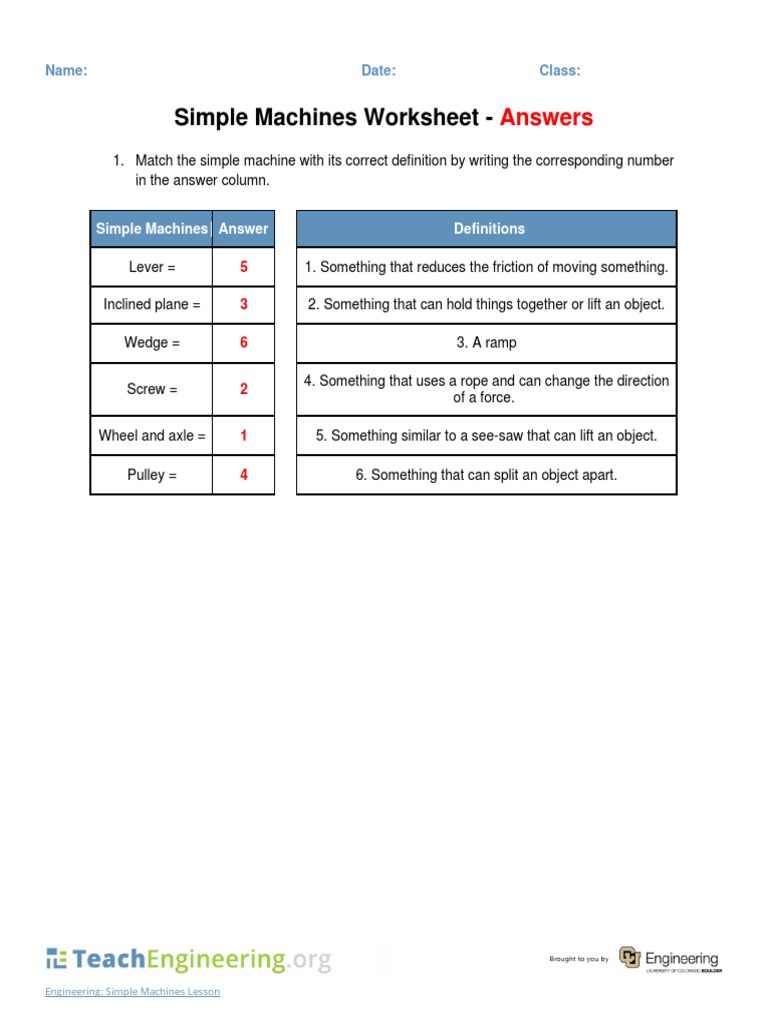 Simple Machines Worksheet - : Answers | PDF | Machines | Mechanical ...