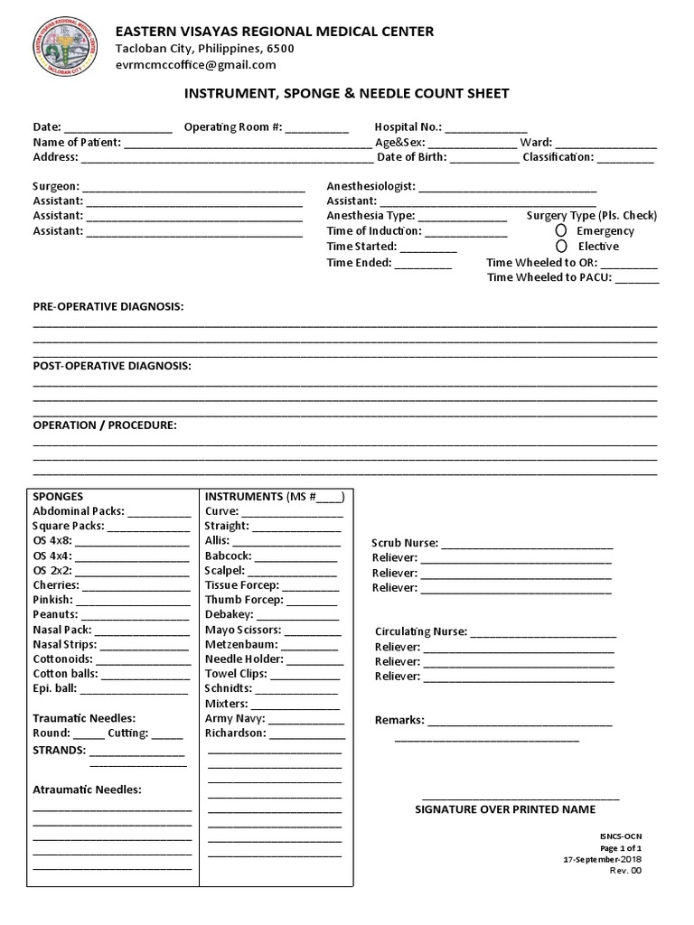 Surgical Count Sheet for EVRMC | PDF | Surgery | Health Sciences