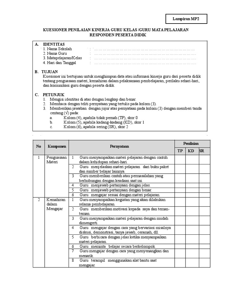 Kuesioner PKG DGN Responden Peserta Didik | PDF