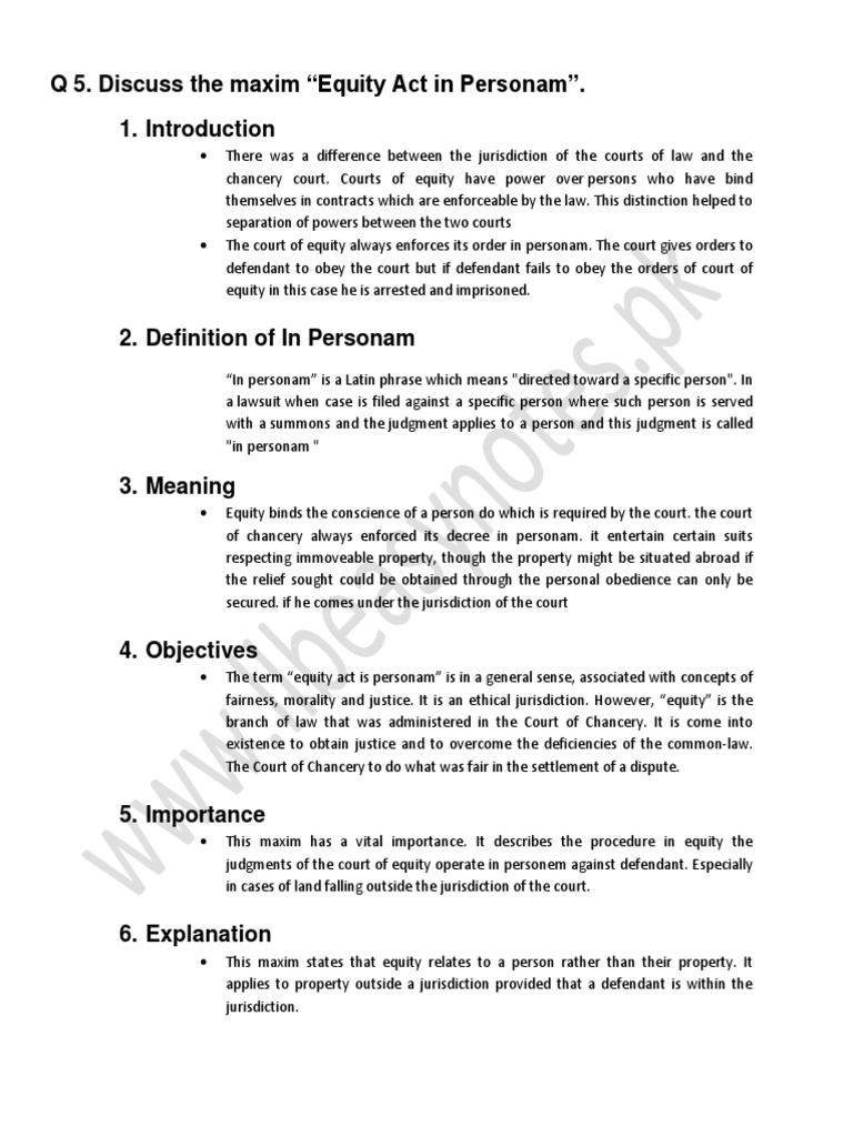 Equity Acts in Personam | PDF | Equity (Law) | Legal Remedy