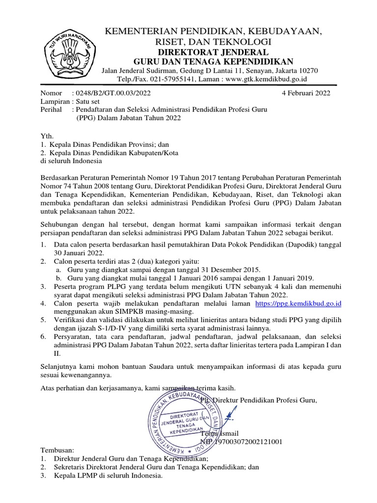 SE Surat Edaran Pendaftaran Dan Seleksi Administrasi PPG Daljab 2022 Final Jalurppg - Id-1 | PDF