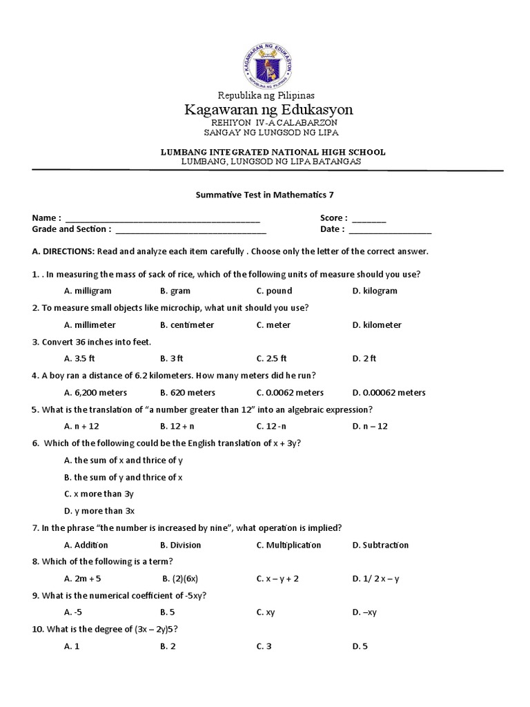 Summative Test in Math 7 | PDF | Equations | Mathematical Analysis