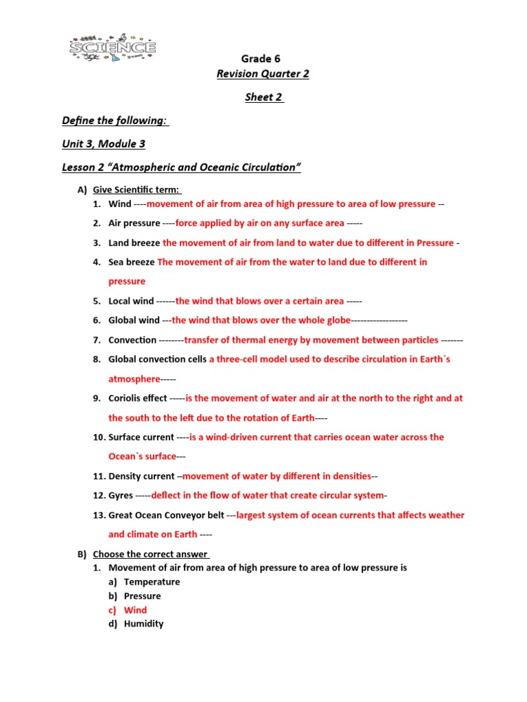 Revision Sheet 2 (Atmospheric and Oceanic Circulation) Model Answer ...