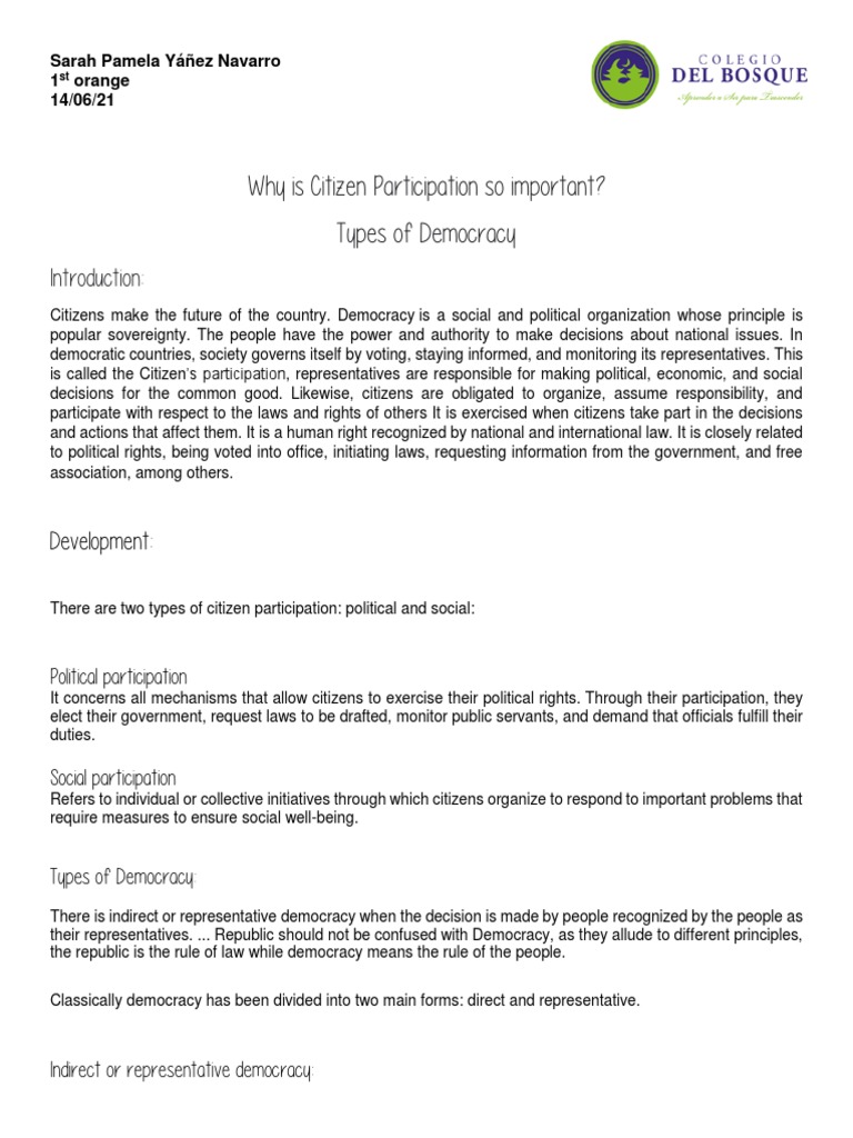 Why Is Citizen Participation So Important and Types of Democracy | PDF ...