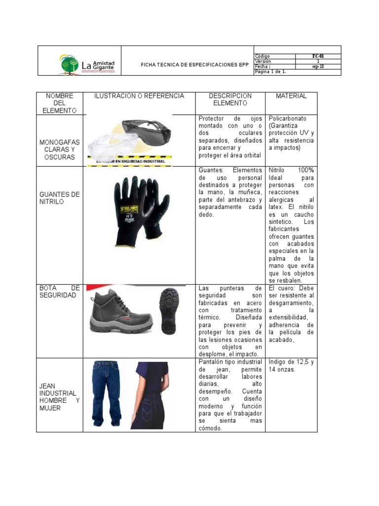 Ficha Tecnica de Especificaciones Epp | PDF | Guante | Materiales