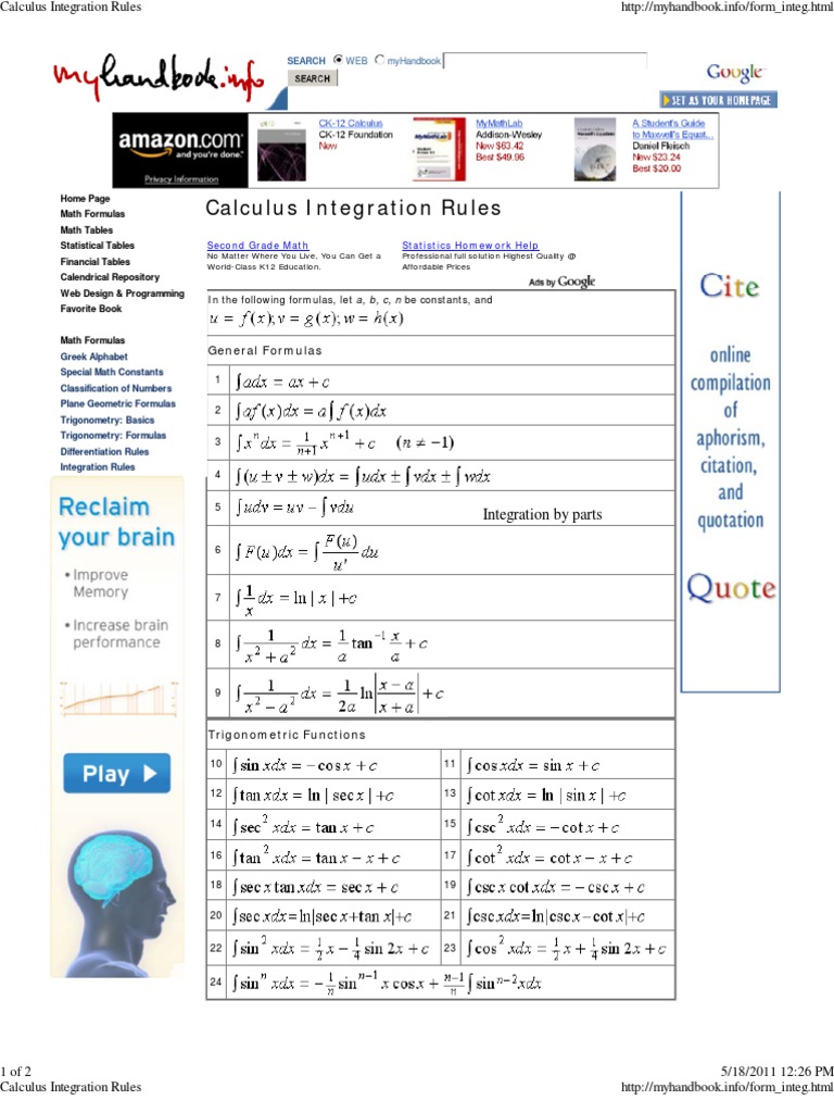 Calculus Integration Rules | PDF | Integral | Trigonometry