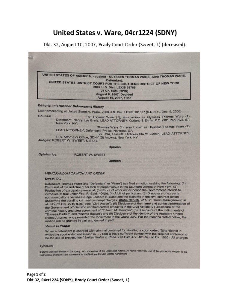 02.05.22 Brady Court Order, Dkt. 32, 04cr1224 SDNY | PDF