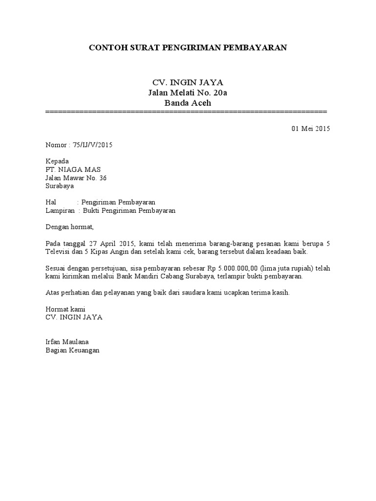 Contoh Surat Pengiriman Pembayaran | PDF